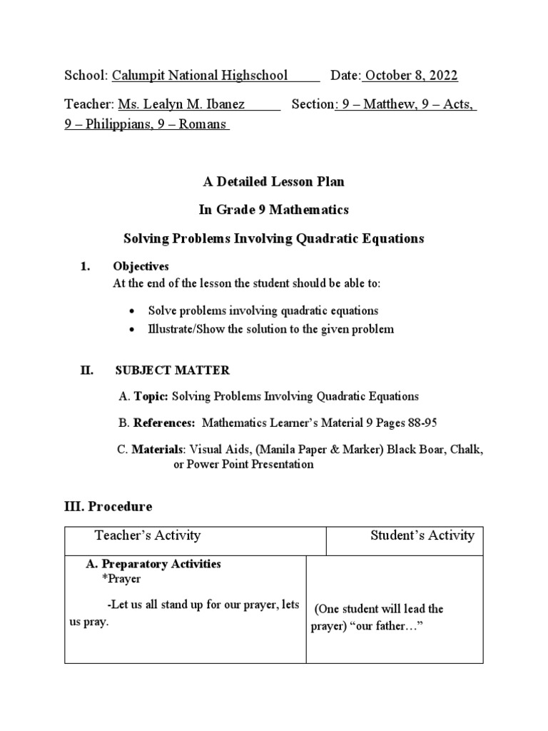 Solving Problems Involving Quadratic Equation DLP | PDF | Quadratic ...