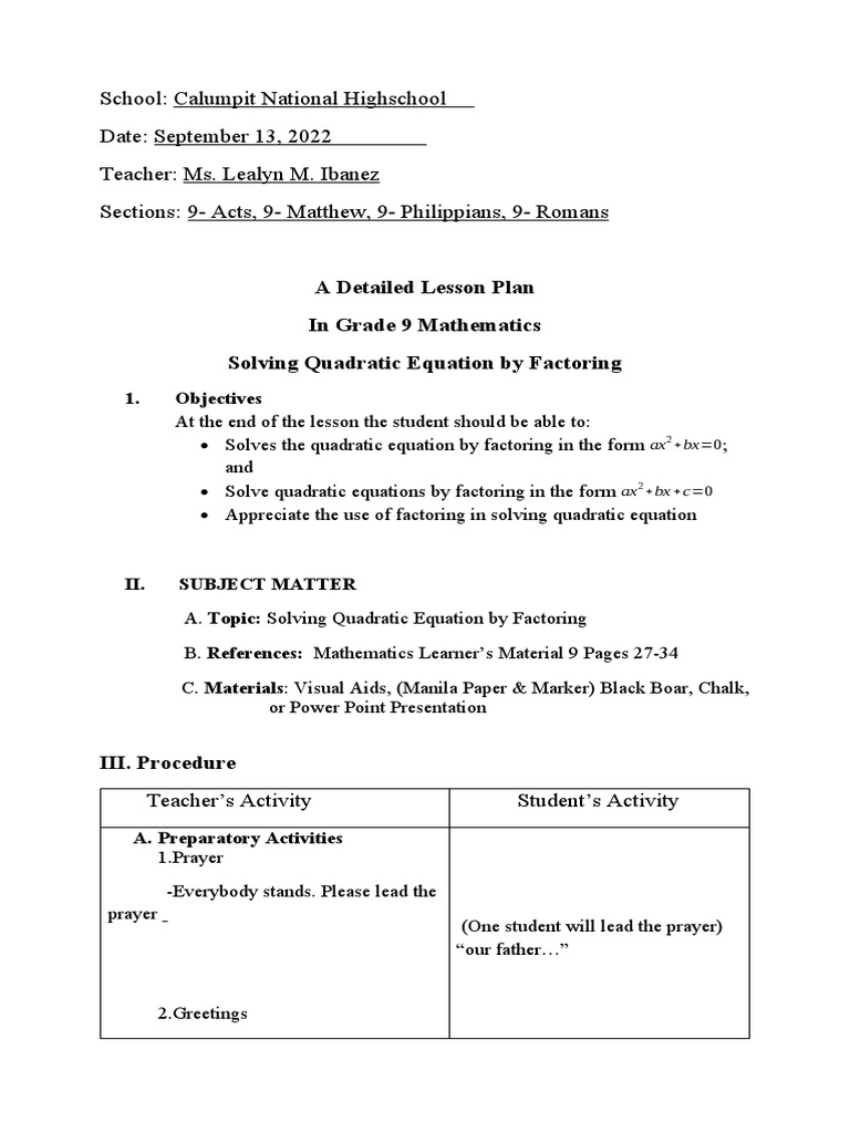 Grade 9 Lesson Plan: Factoring Quadratics | PDF | Equations | Quadratic ...
