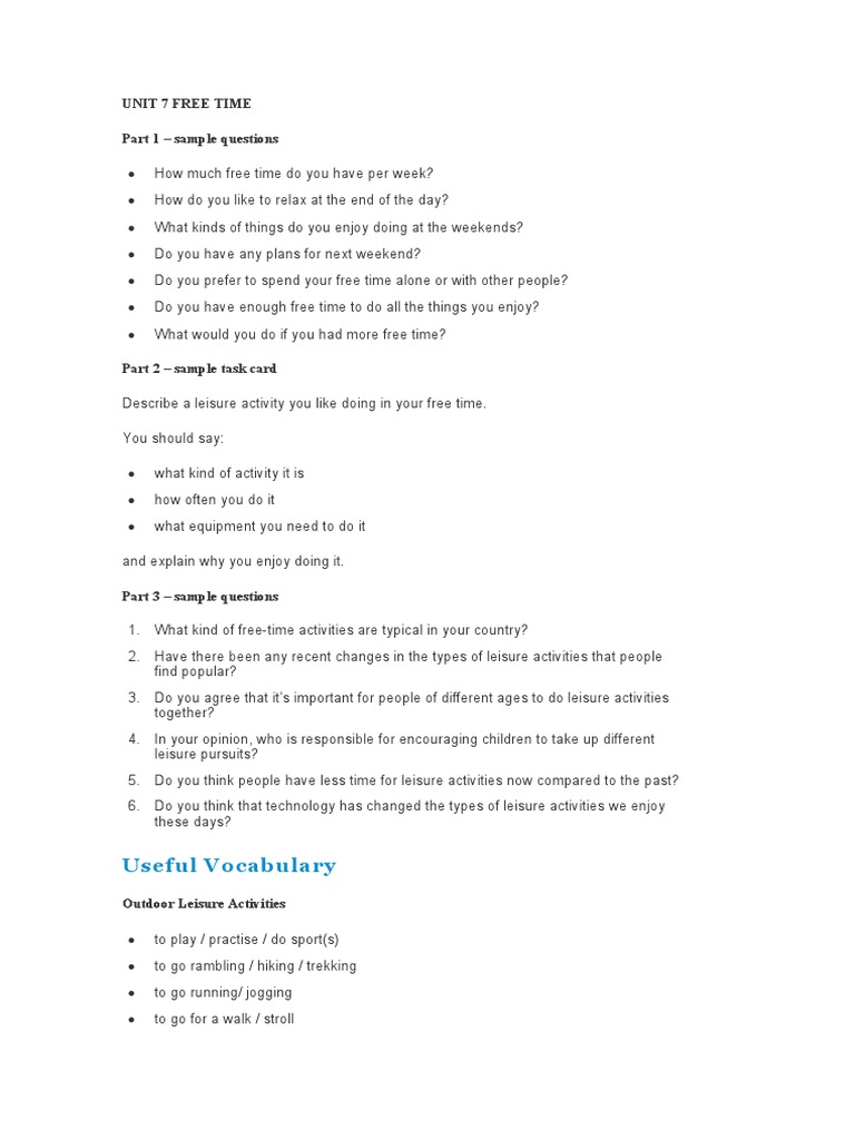 Unit 7 Free Time | PDF | Leisure | Recreation
