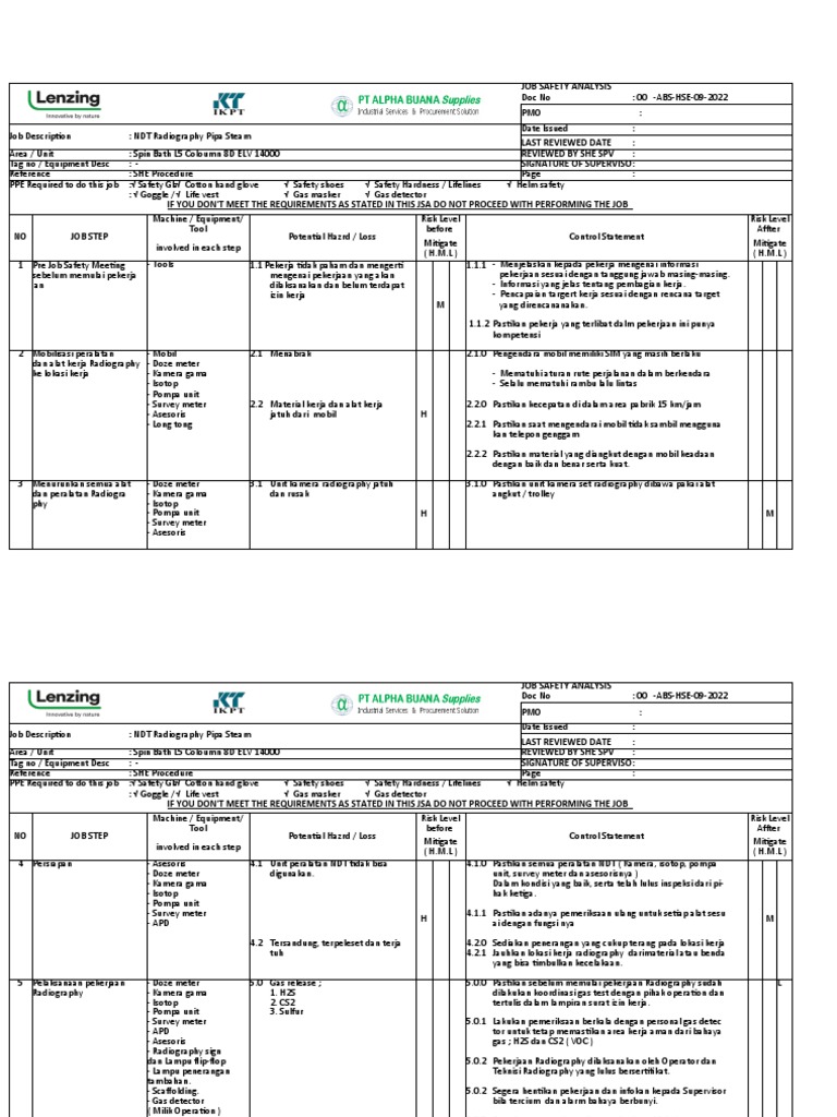 JSA Area L5 Elevasi 14000 - NDT Radiography Pipejoint - 8 Oktober 2022 | PDF