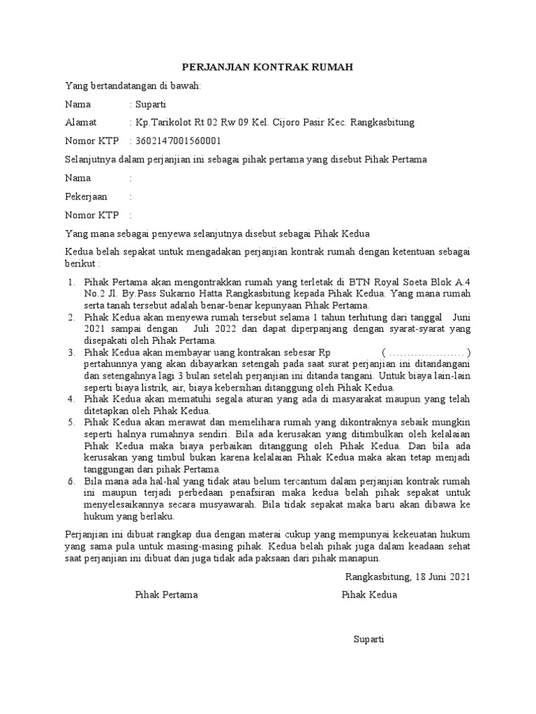 Contoh Surat Perjanjian Kontrak Rumah Pdf
