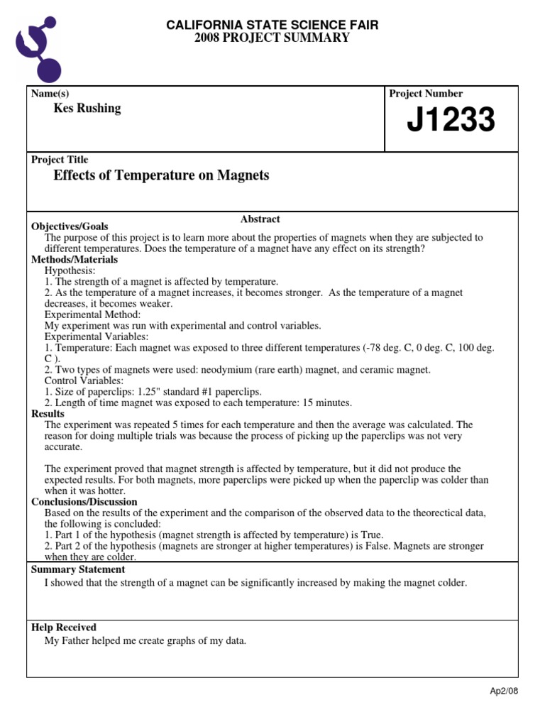 Effects of Temperature On Magnets: 2008 Project Summary | PDF ...