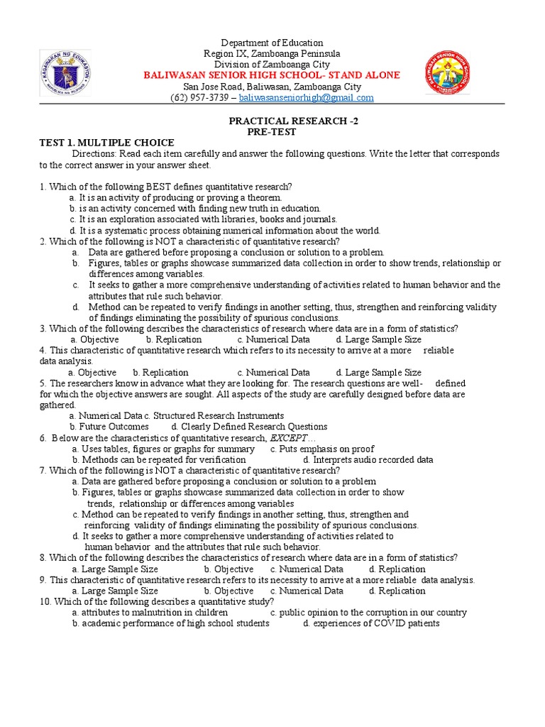 Pre Test in PR 2 | PDF | Quantitative Research | Statistics