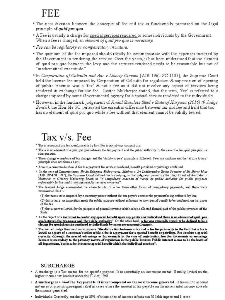 Distinction Between Tax, Cess, and Surcharge | PDF | Taxes | Fee
