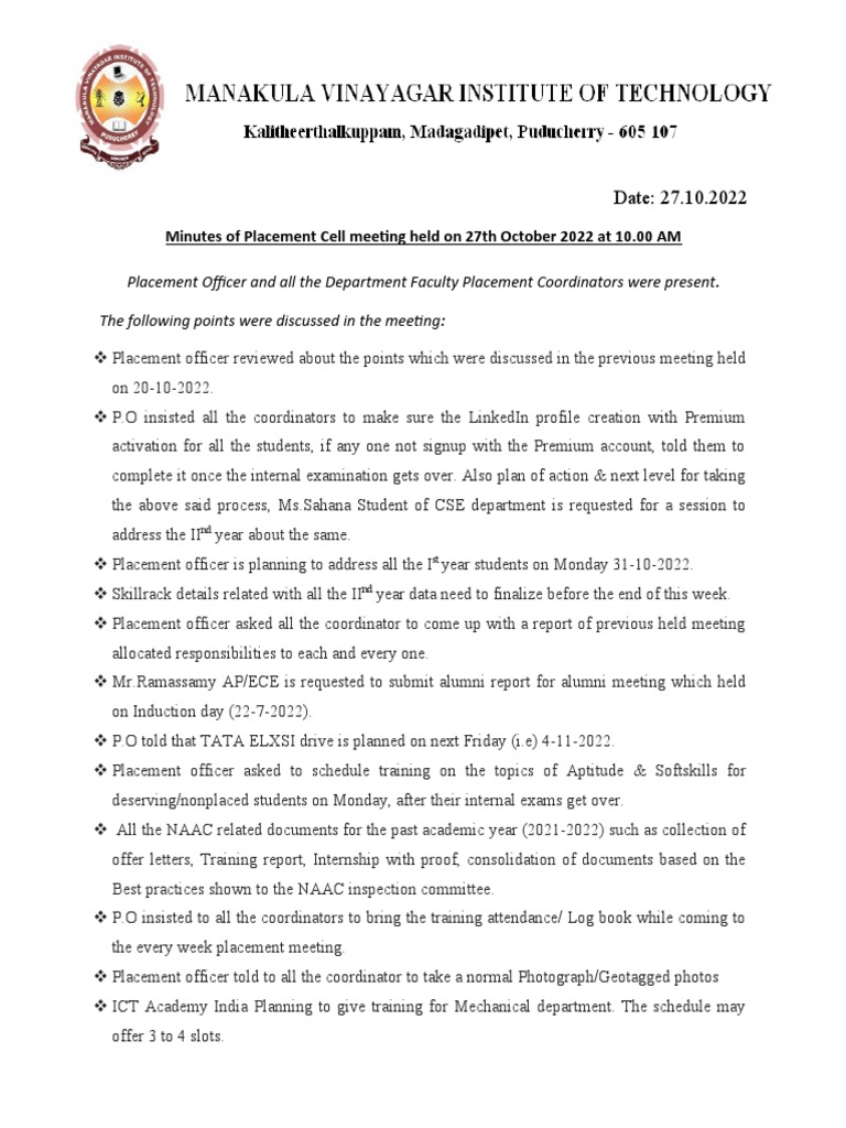 Placement Cell Meeting Minutes - Oct 2022 | PDF