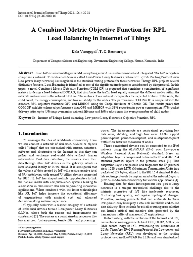 A Combined Metric Objective Function For RPL Load Balancing in IoT | PDF | Routing | Computer ...