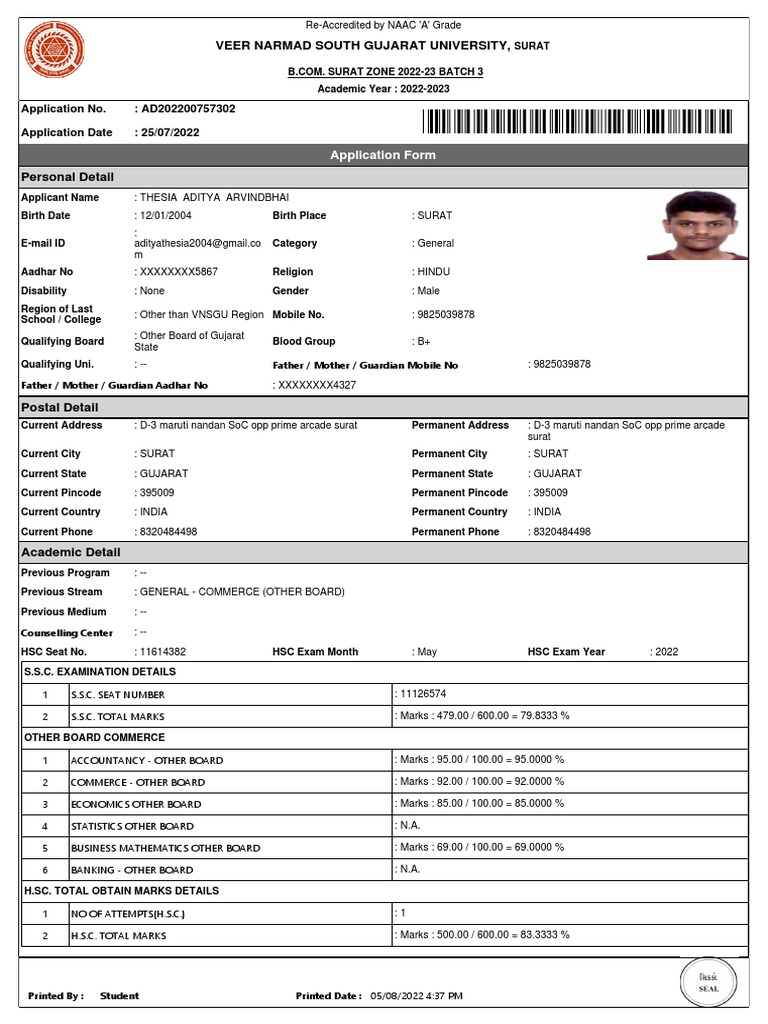 Application for Admission to B.Com Program at Veer Narmad South Gujarat University | PDF ...