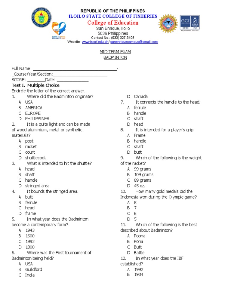 Mid Term Exam Badminton | PDF | Sports | Hobbies