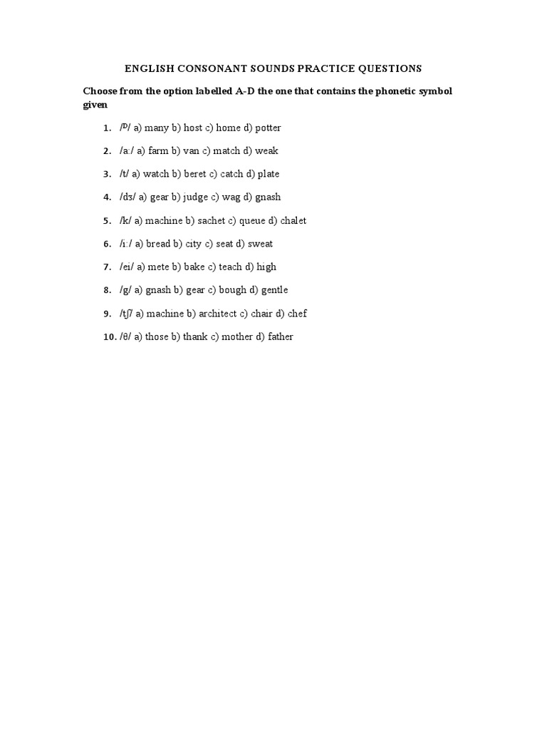 Consonant Sounds Practice Questions | PDF