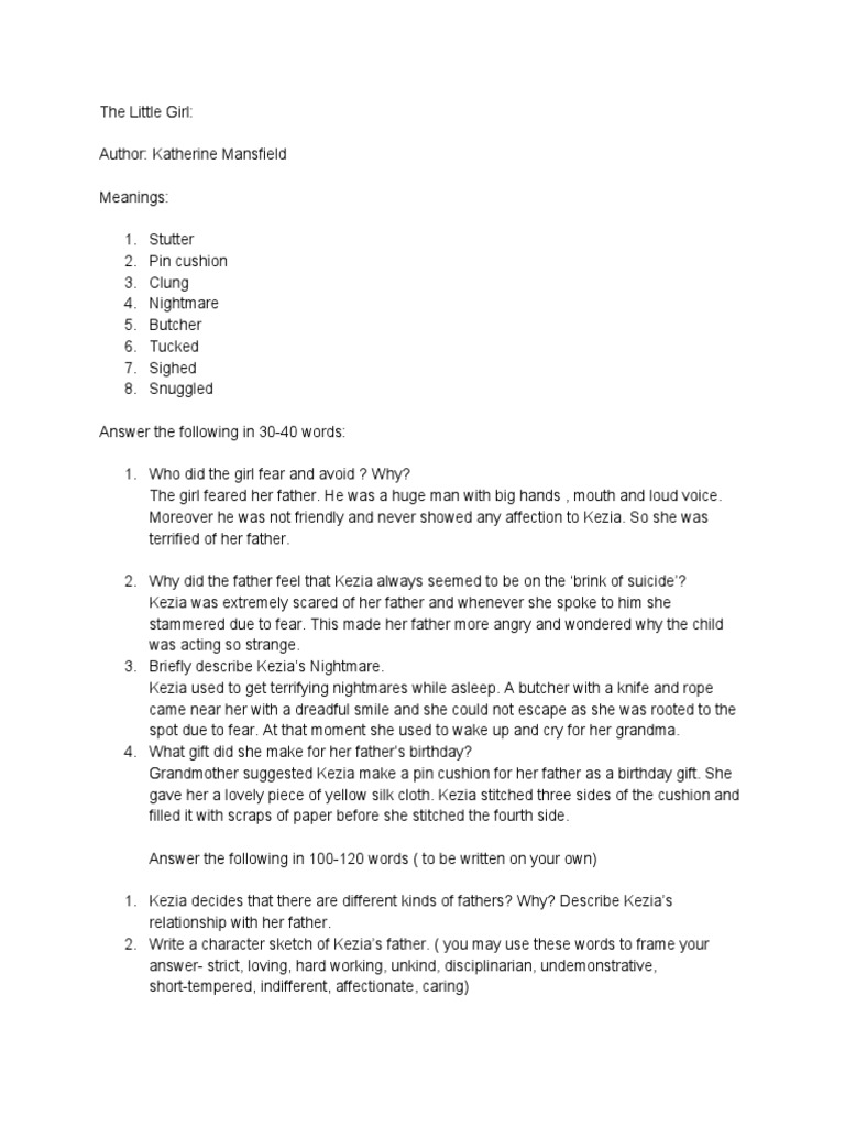 Grade 9 - The Little Girl | PDF