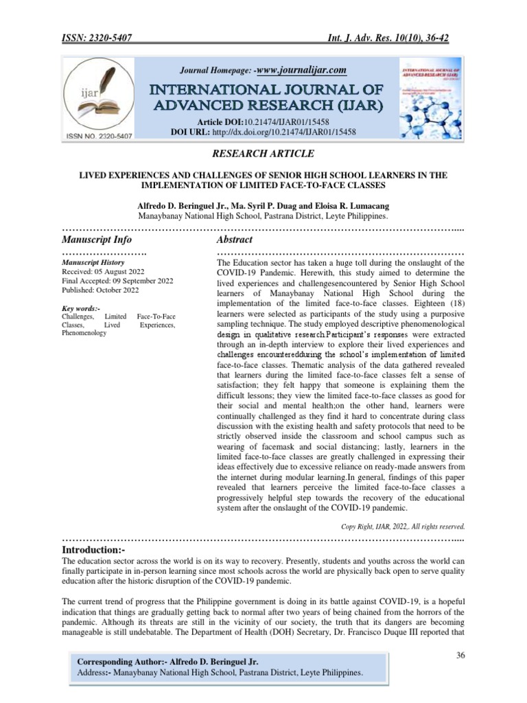 Lived Experiences and Challenges of Senior High School Learners in The Implementation of Limited ...