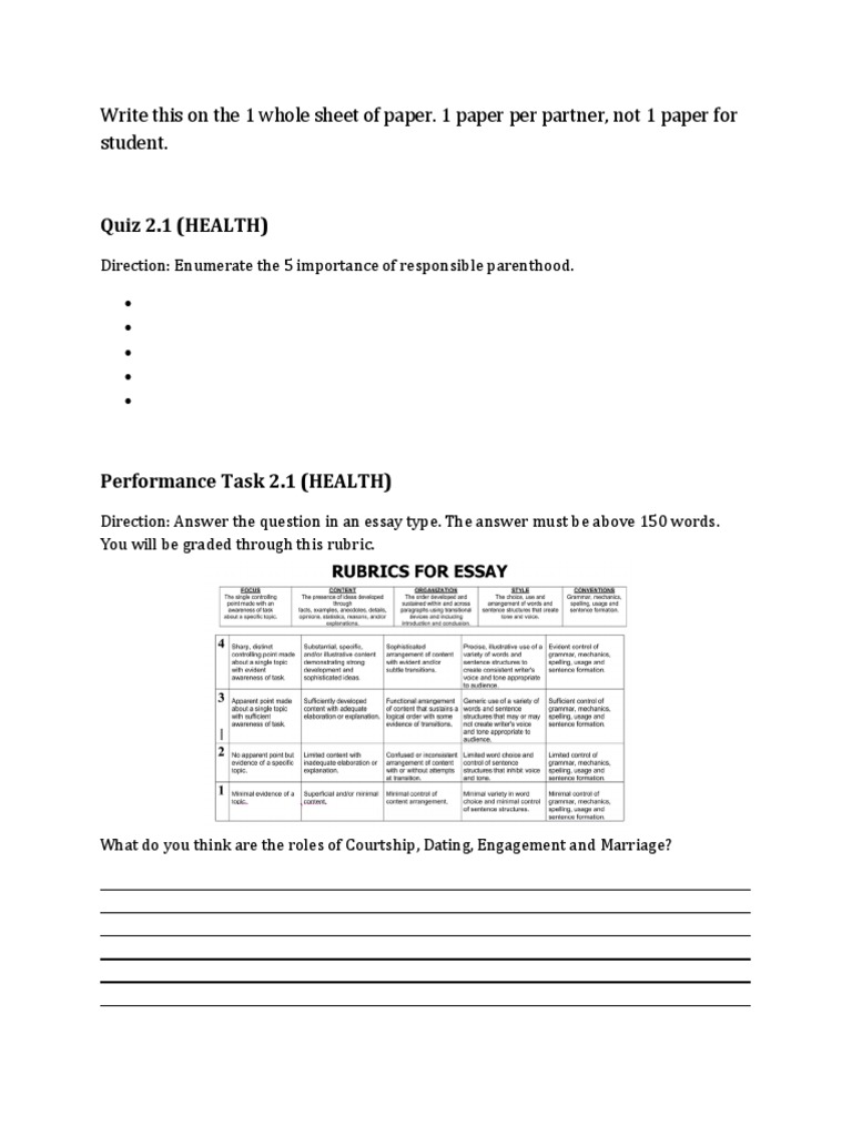 Quiz 2.1 and Performance Task 2.1 HEALTH | PDF