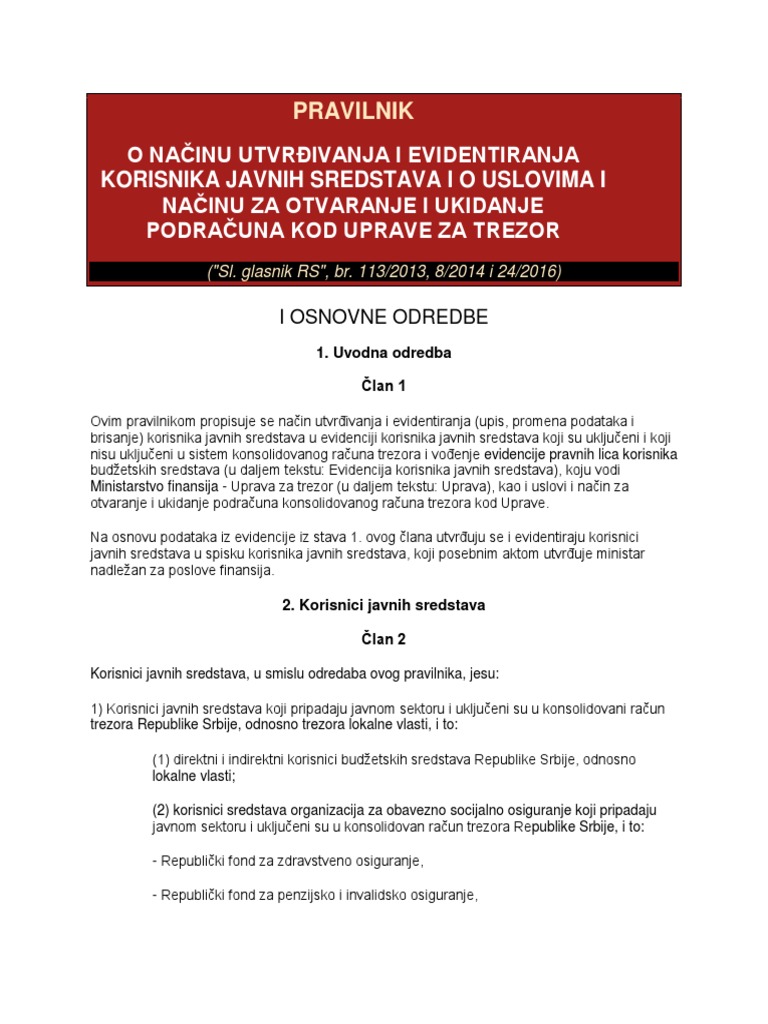 Pravilnik o Nacinu Utvrdjivanja I Evidentiranja Korisnika Javnih Sredstava 2016 | PDF