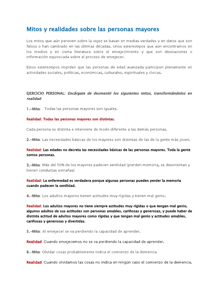 Mitos y Realidades de Las Personas Mayores Ana | PDF | Vejez | Ciencias del comportamiento