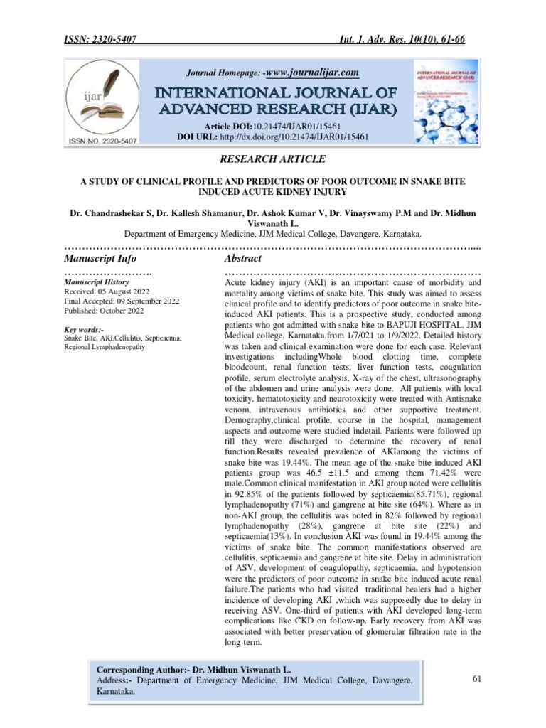 Snake Bite-Induced AKI: Clinical Insights | PDF | Sepsis | Clinical ...
