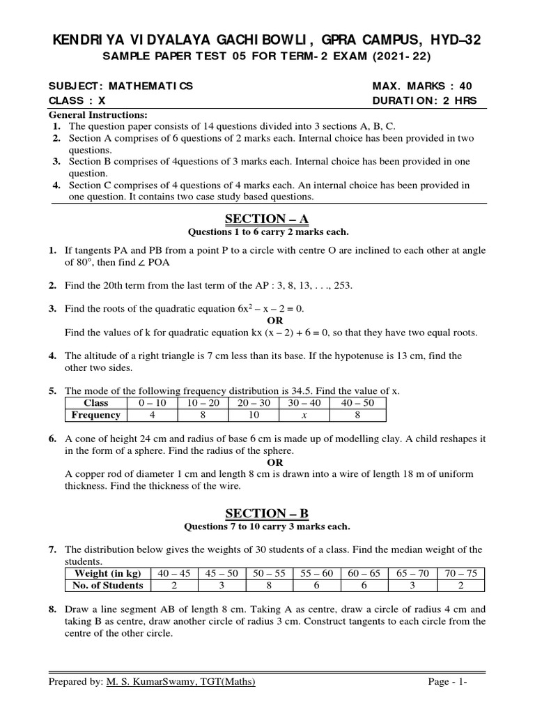 Maths Class X Term 2 Sample Paper Test 05 2021 22 | PDF | Circle | Sphere