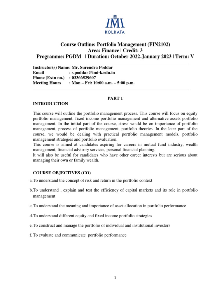 Portfolio Management Course Outline | PDF | Investment Fund ...