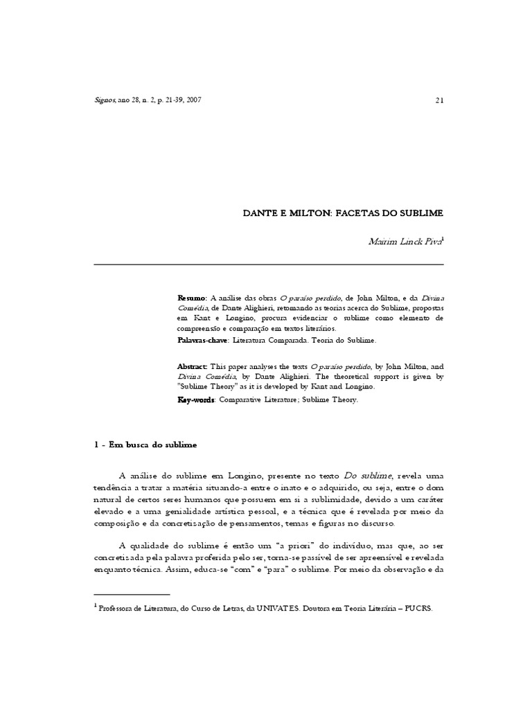 Dante e Milton - Facetas Do Sublime | PDF | Immanuel Kant | Anjo