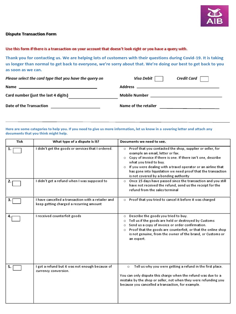 Dispute Transaction Form Instructions | PDF