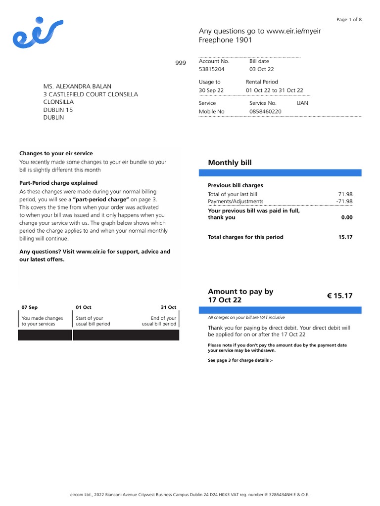 Any Questions Go To WWW - Eir.ie/myeir Freephone 1901: Monthly Bill | PDF | Roaming ...