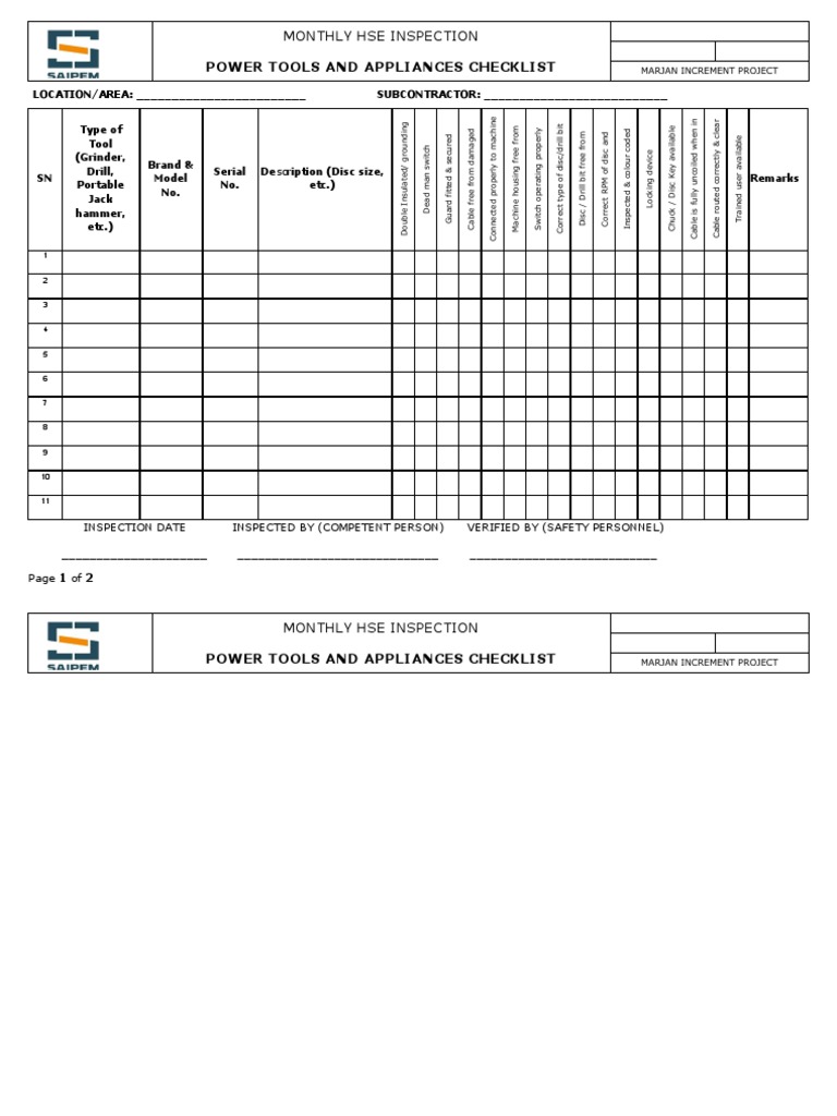 Power Tools Inspection Checklist | PDF | Drill | Electrical Engineering