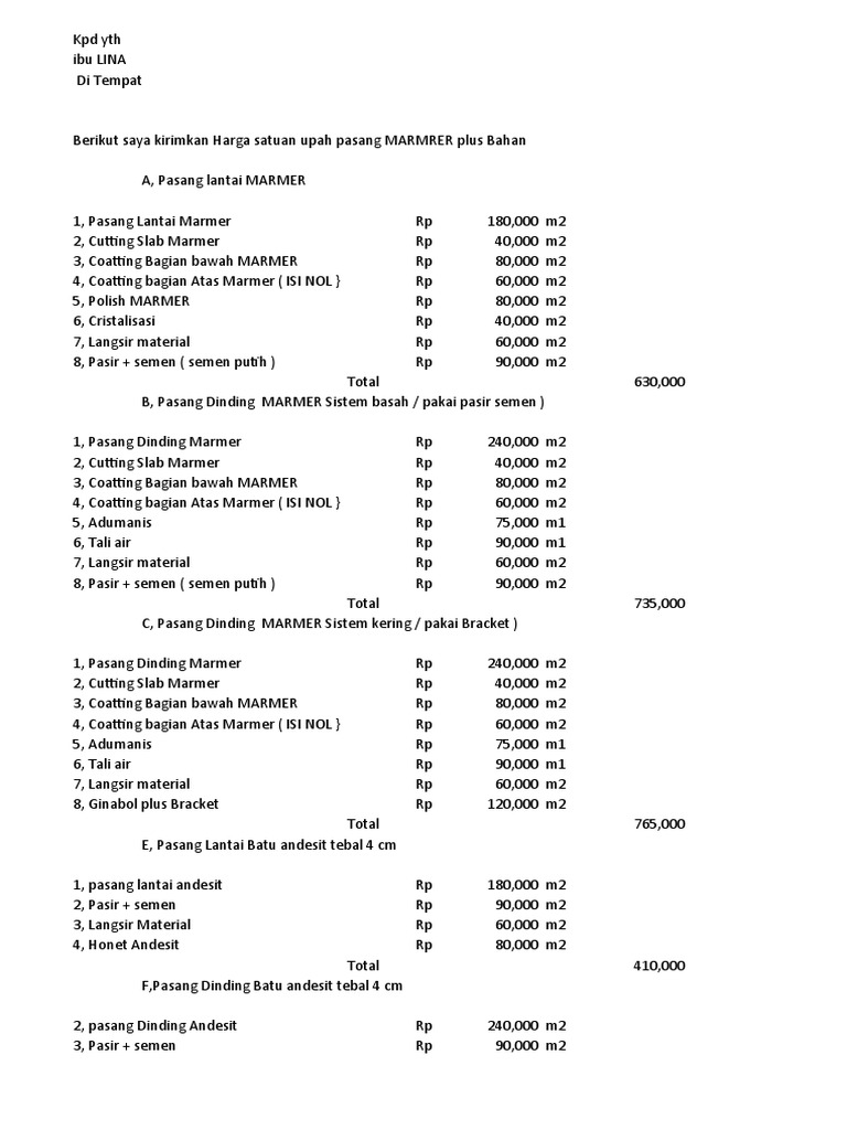 Revisi Harga Satuan Pasang Marmer | PDF