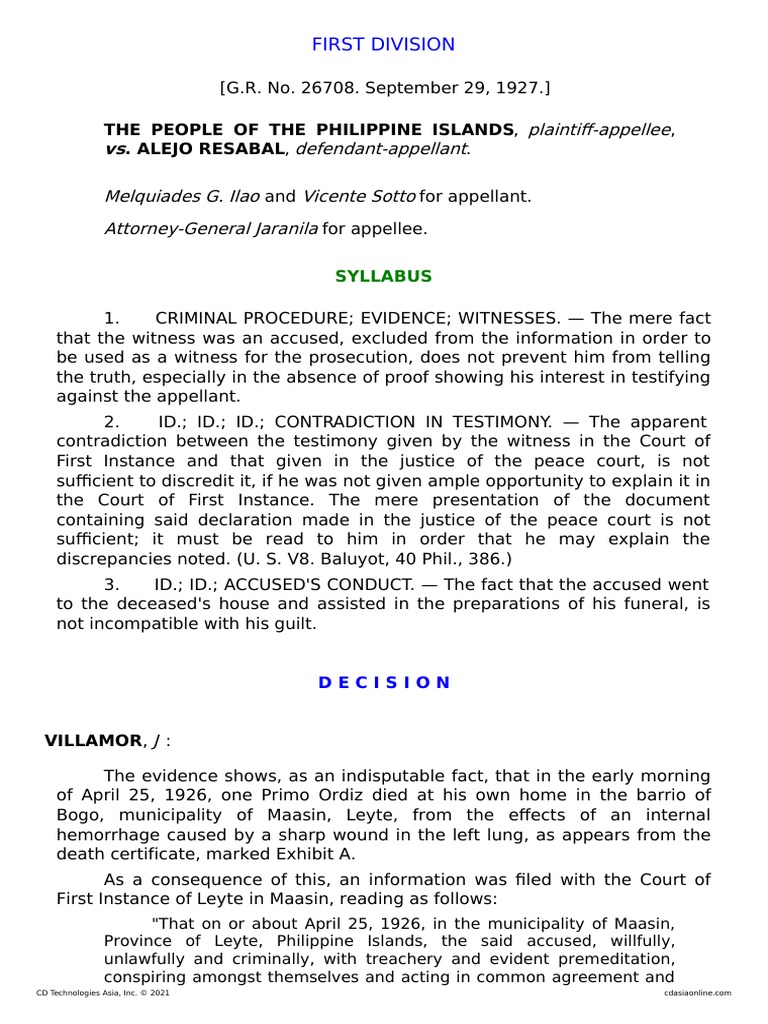 G.R. No. 26708 - People v. Resabal | PDF | Witness Impeachment | Witness