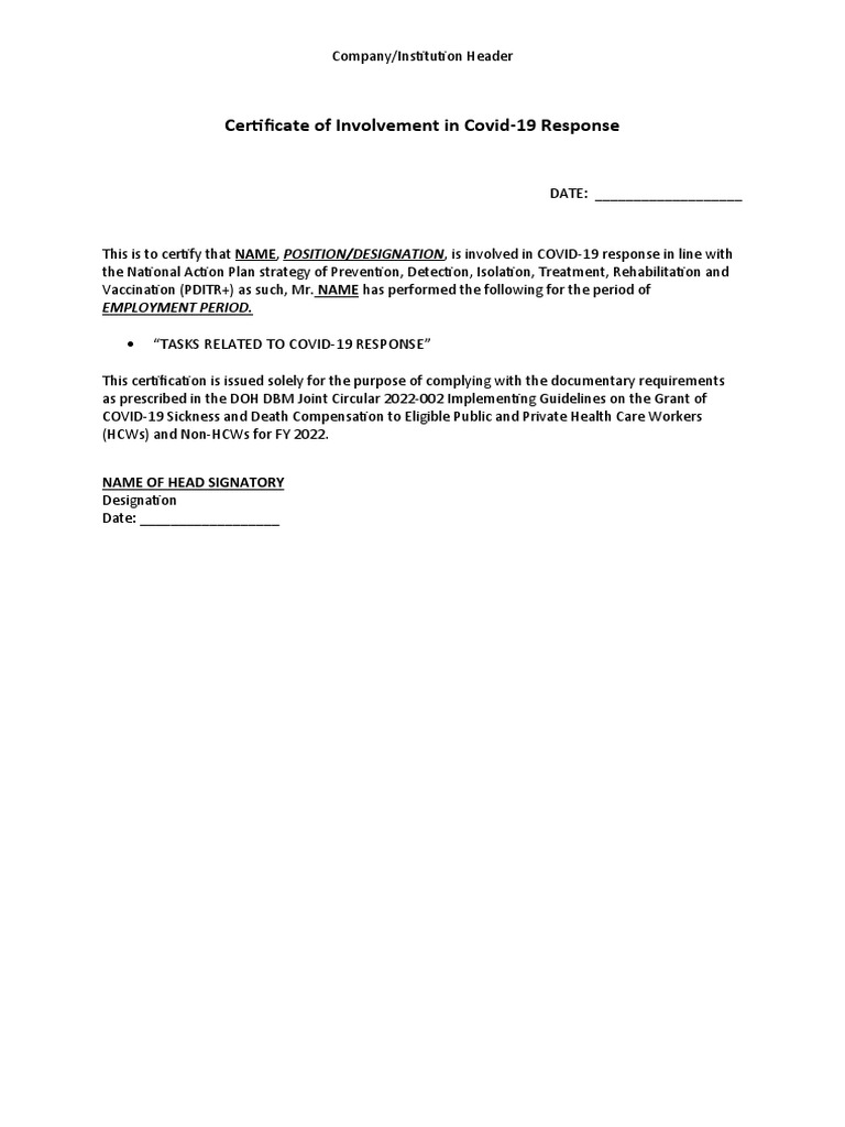 DOH Certificate of Involvement in Covid-19 Response 2022 Template | PDF