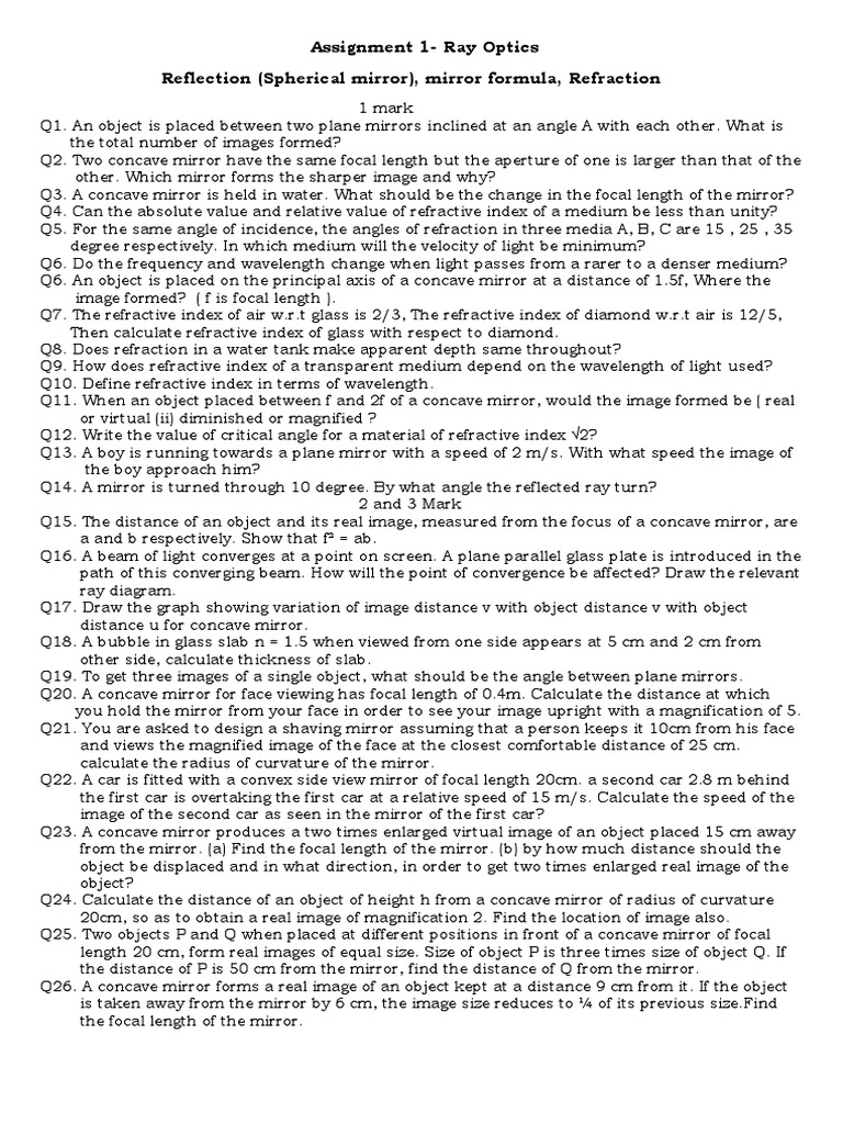Ray Optics Assignment 1 | PDF | Refractive Index | Refraction