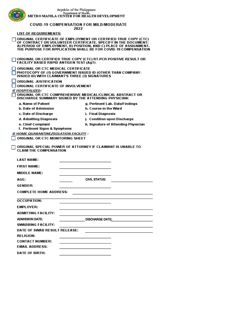 Doh Personal Data Sheet Pds - Covid-19 Compensation For Mildmoderate ...