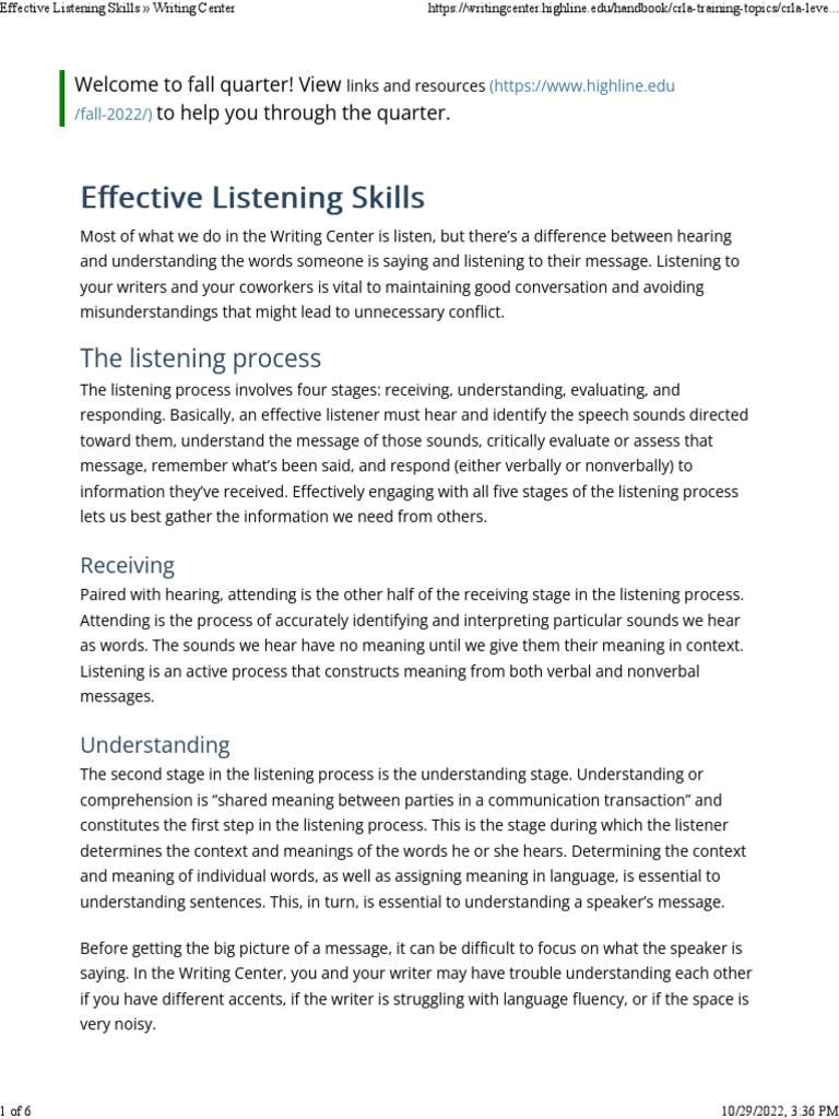 Effective Listening Skills Writing Center | PDF | Nonverbal ...