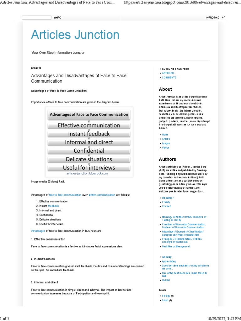 Articles Junction Advantages and Disadvantages of Face To Face Communication | PDF ...