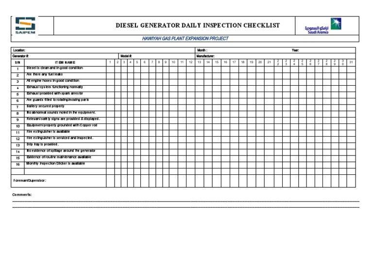 Welding Generator Checklist | PDF
