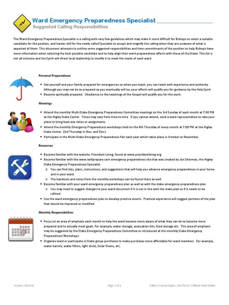 Ward Emer Prep Rep Calling Responsibilities | PDF