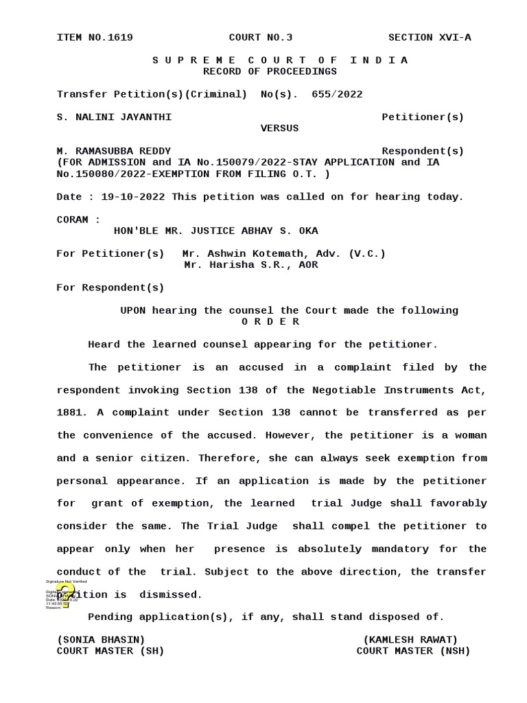 S - Nalini - Jayanthi - V - M - Ramasubba - Reddy, 138 Case Cannot Be ...