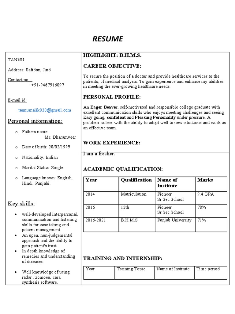 Finding the Cure: Tannu's Resume | PDF | Homeopathy | Health Care