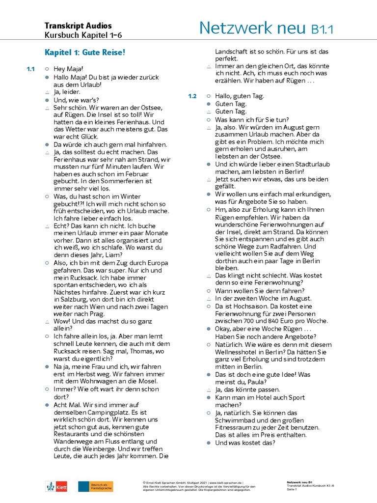 Netzwerk Neu B1. Transkript Audios Kursbuch Kapitel 1 6. Kapitel 1 ...