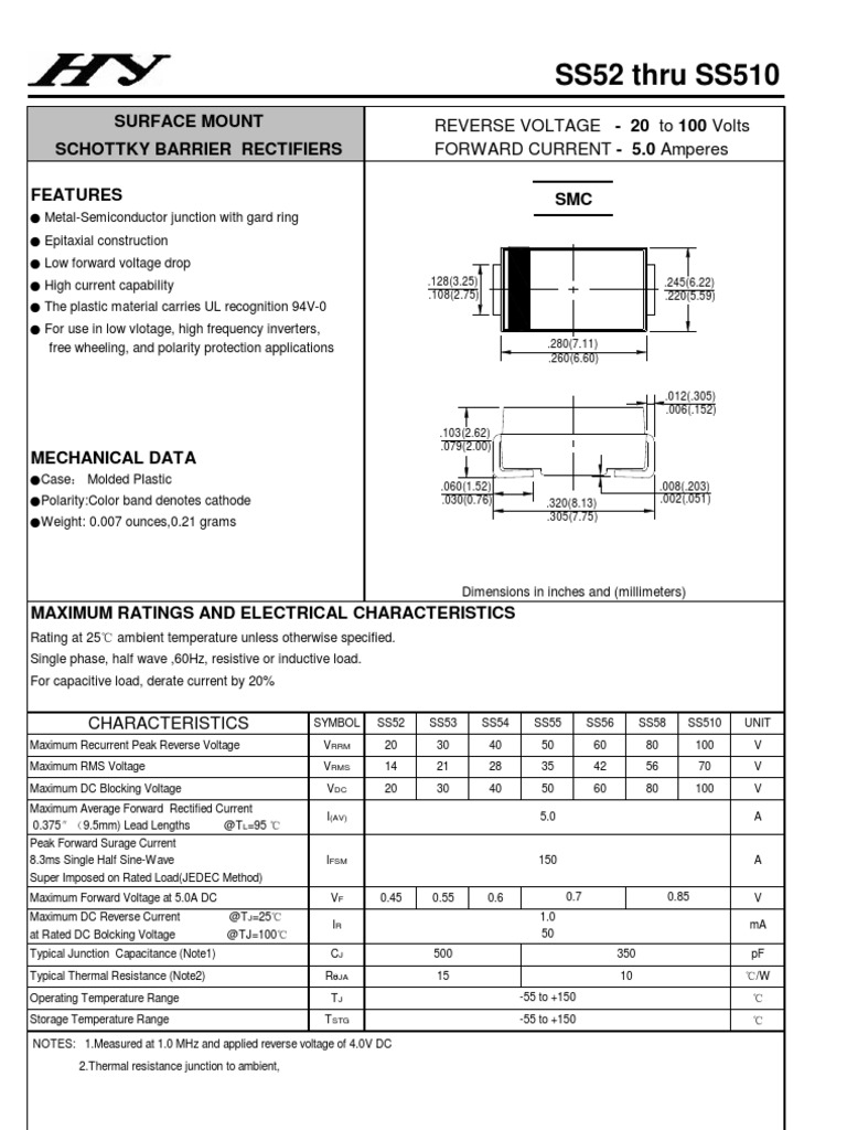 SS54 Schottky Diode Datasheet | PDF