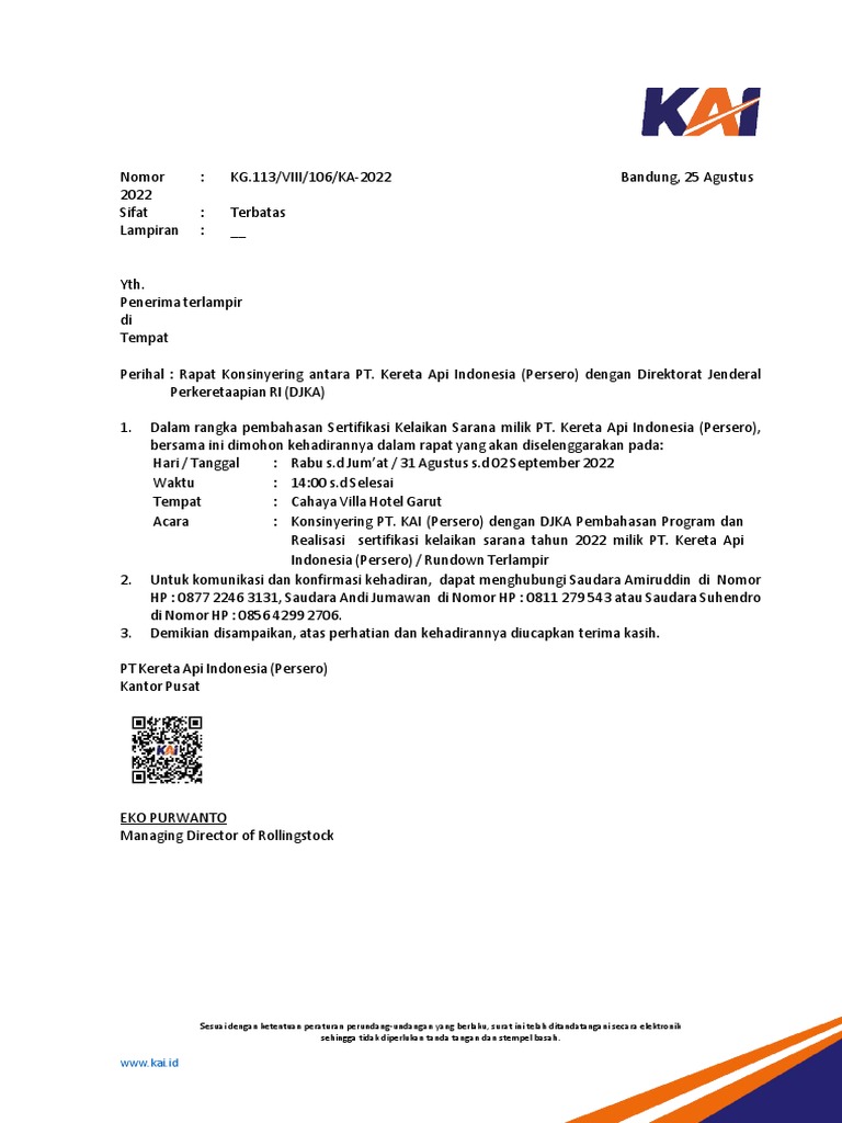 Undangan Rapat Konsinyering PT KAI | PDF