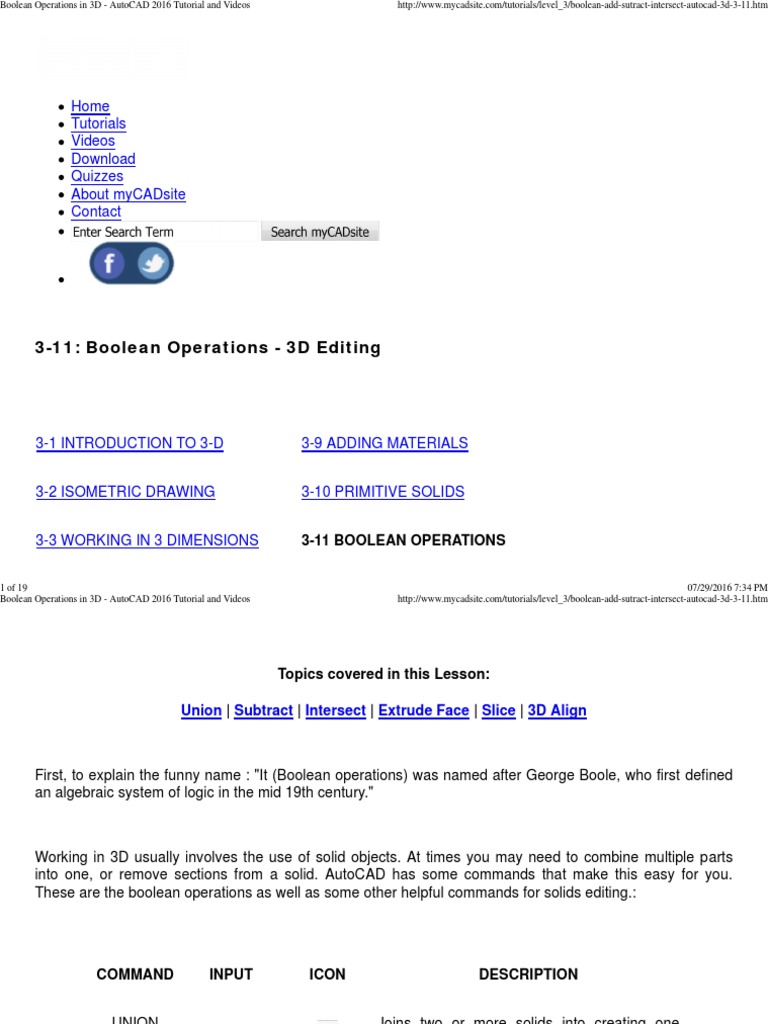 Boolean Operations in 3D - AutoCAD 2016 Tutorial and Videos | PDF | Boolean Algebra | Teaching ...