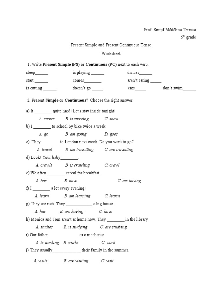 Present Simple and Continuous Worksheet | PDF