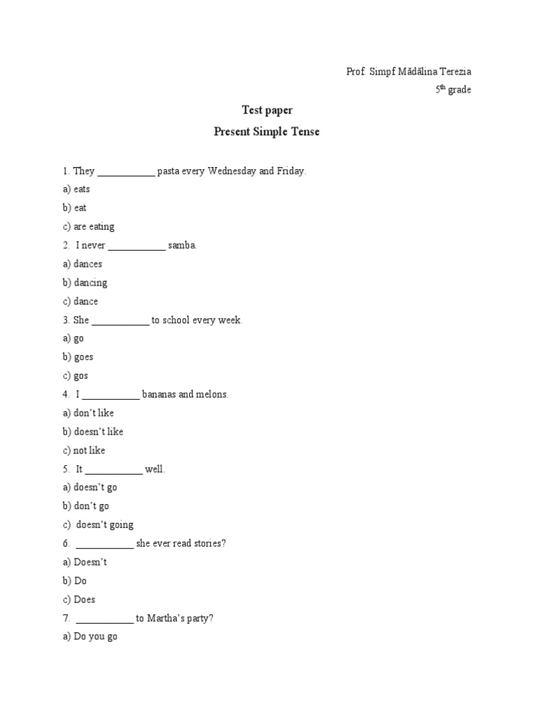 Test Paper Present Simple Tense | PDF