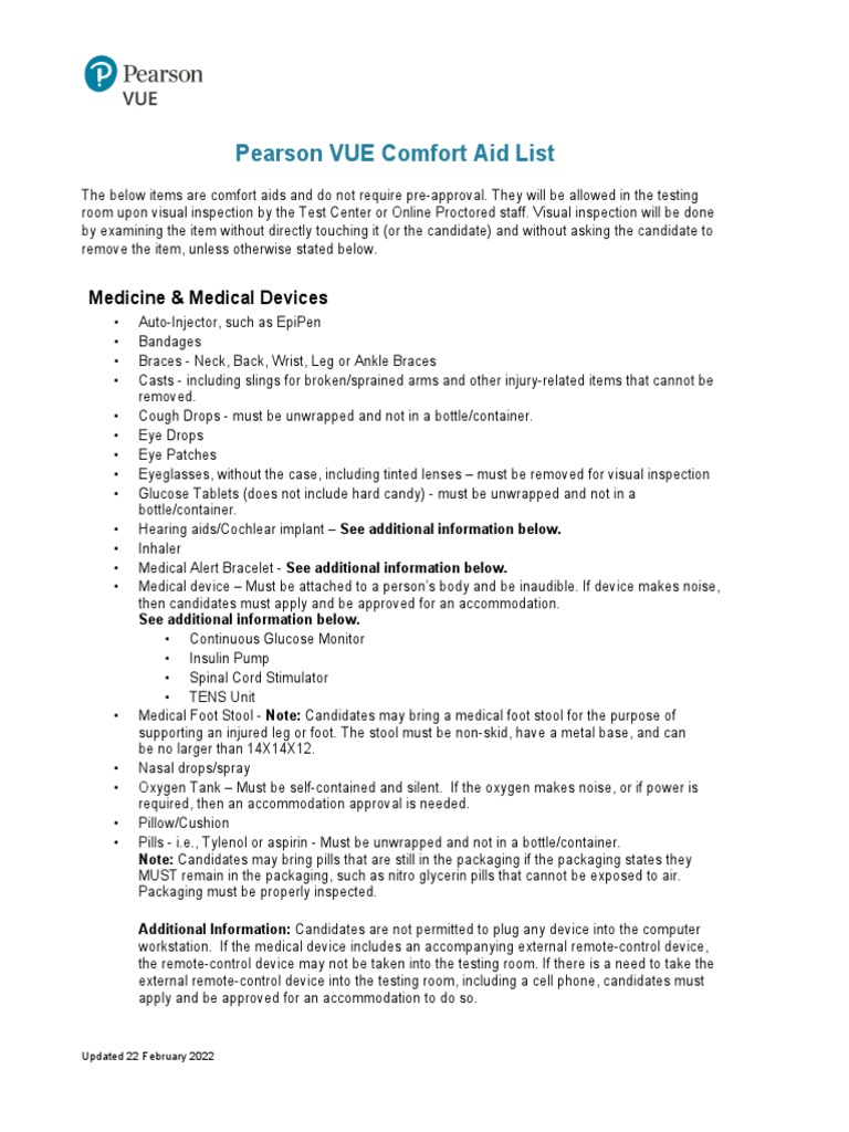 Pearson VUE Comfort Aid List 22february2022 | Download Free PDF ...