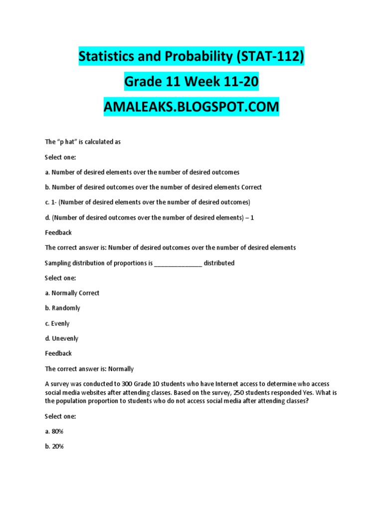 (Amaleaks - Blogspot.com) Statistics (Stat-112) - Grade 11 Week 11-20 ...