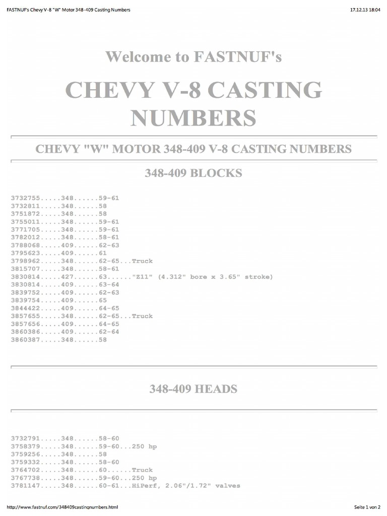 Chevy V-8 #W# Motor 348-409 Casting Numbers | PDF