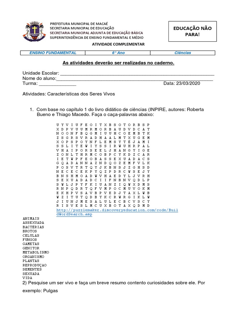 ATIV. 5 CARACTERÍTICAS SERES VIVOS 6º Ano Ciências | Download grátis PDF | Biologia | Organismos