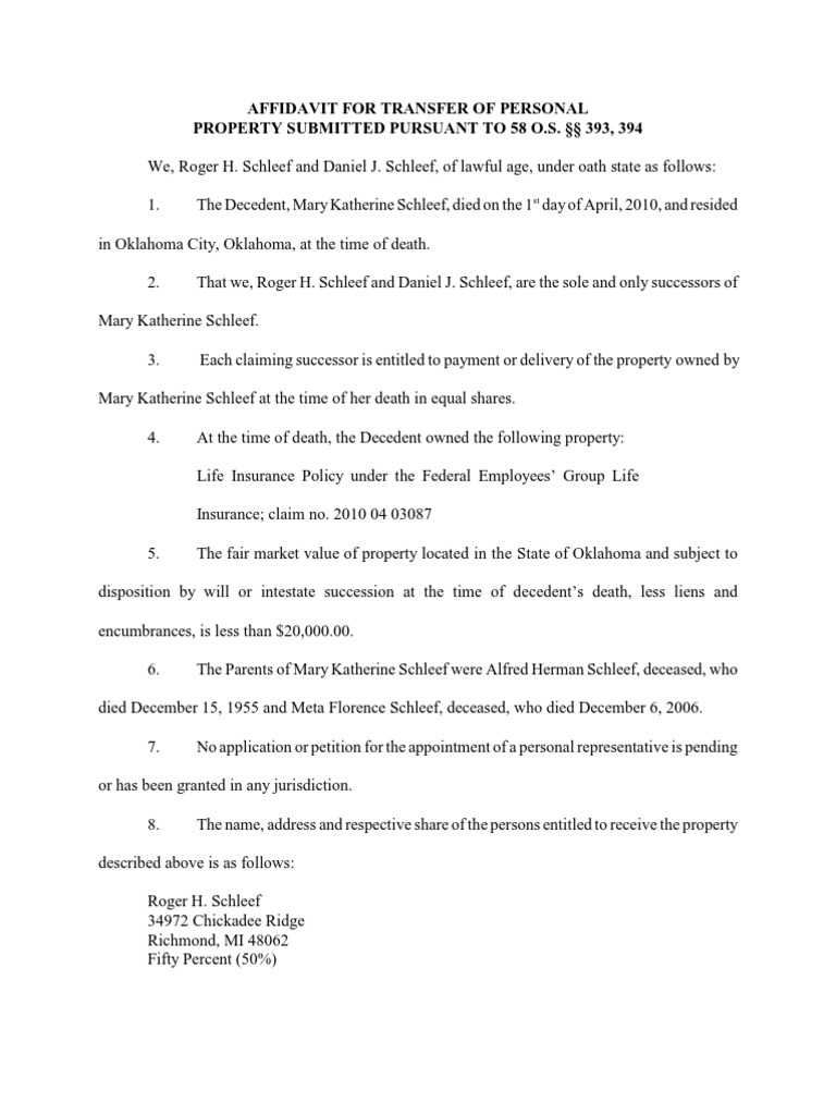 Affidavit for Transfer of Personal Property | Notary Public | Intestacy