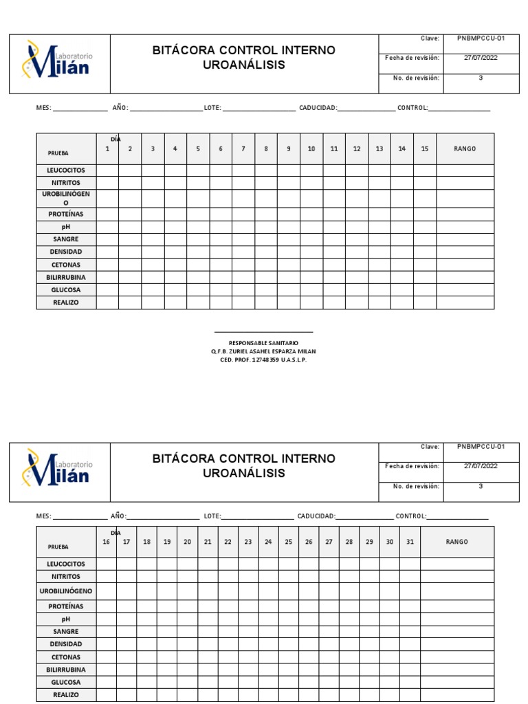 Bitácora Control Interno Uroanálisis | PDF | Especialidades Medicas ...