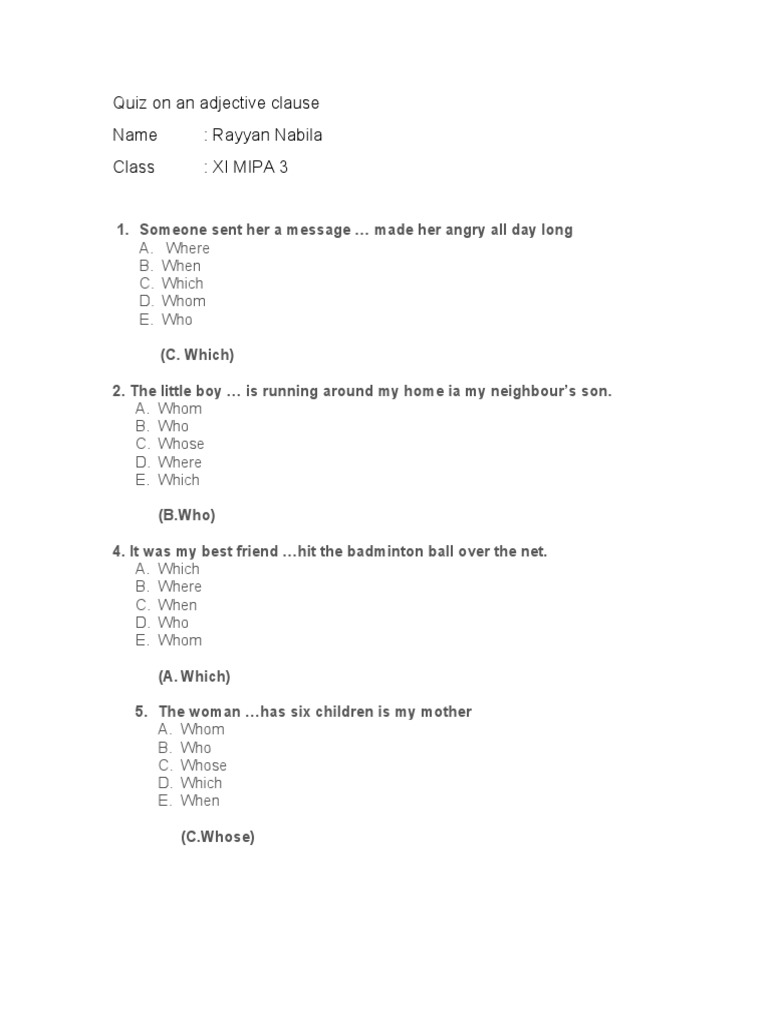 Adjective Clause Quiz. Rayyan Nabila | PDF | Verb | Cognitive Science