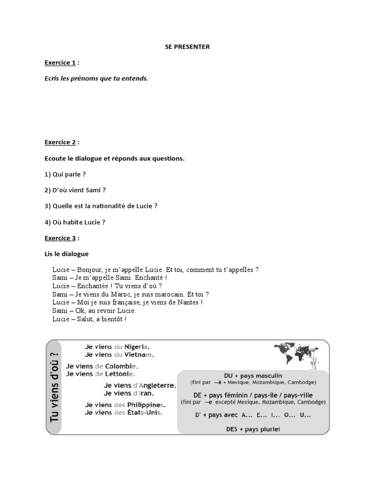 Se Présenter en Français : Exercices Pratiques | PDF